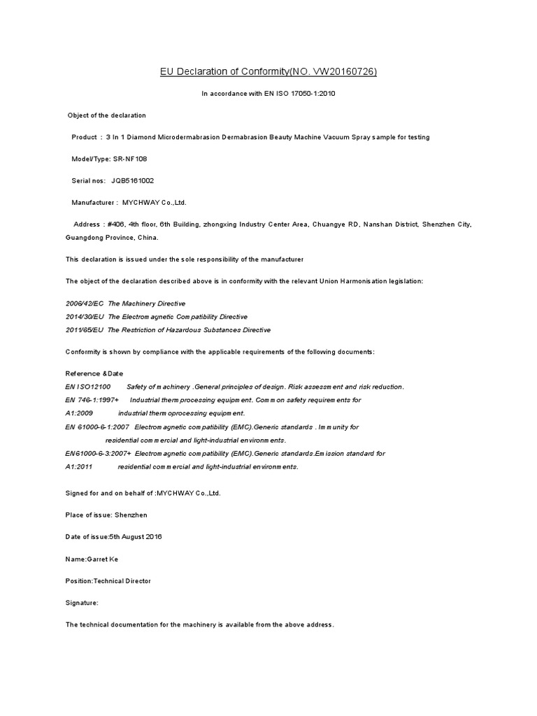 EU Declaration of Conformity for Beauty Machine | PDF