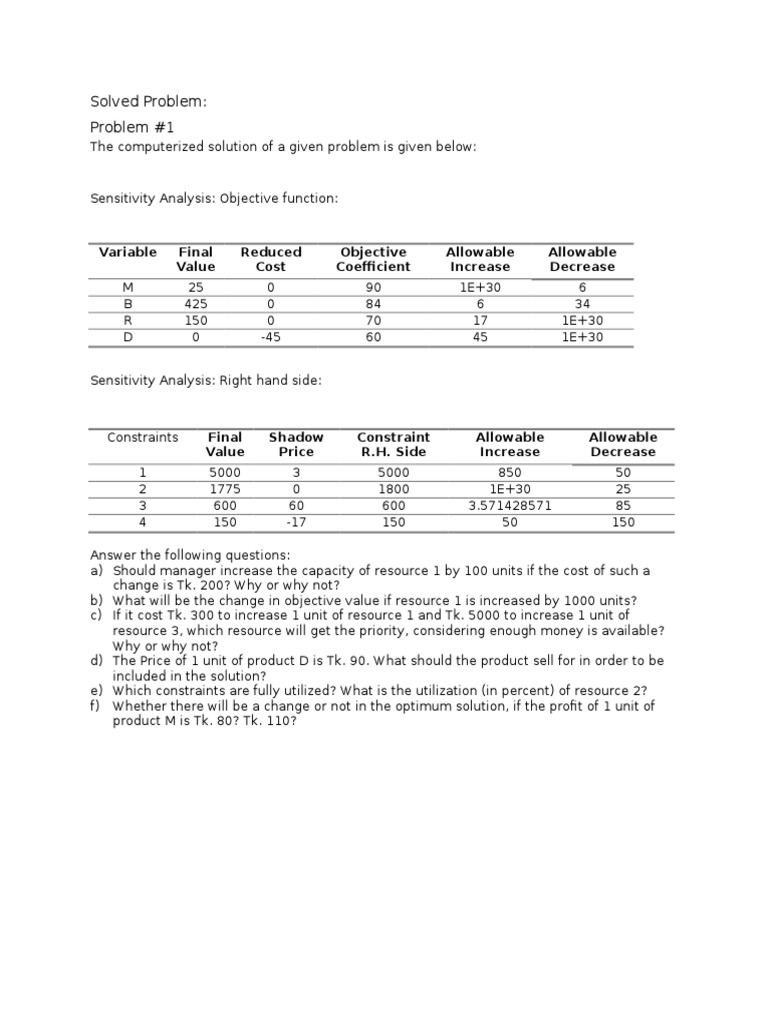 Sensitivity Problem Solved and Assignment 2 | PDF | Mathematical ...