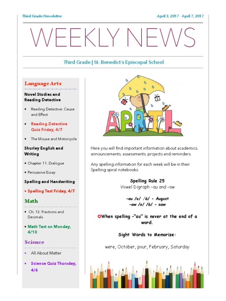 Weekly Newsletter - Apr 3 - Apr 7 | PDF | Homework | Further Education