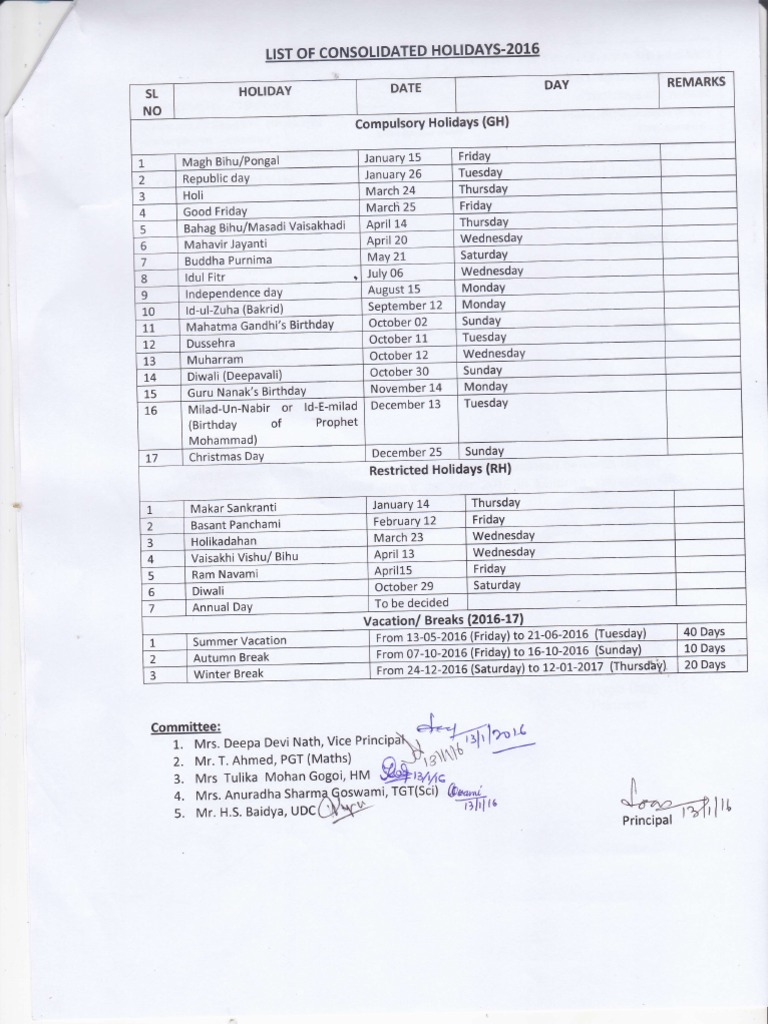 List of Holidays Updated KV Duliajan 2016 | PDF | Religious Holidays ...