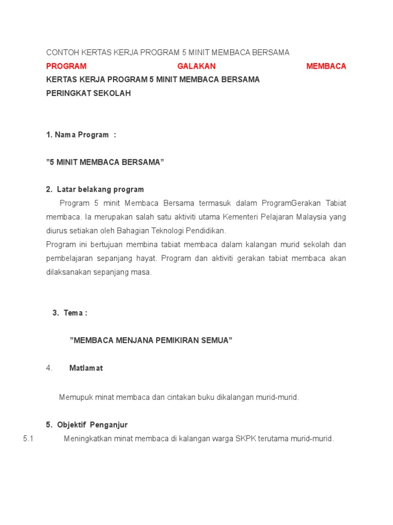 Contoh Kertas Kerja Program 5 Minit Membaca Bersama | PDF
