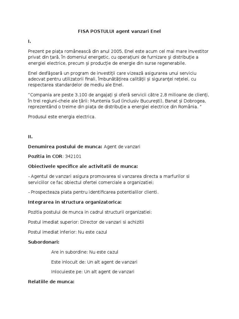 FISA POSTULUI Agent Vanzari Enel | PDF