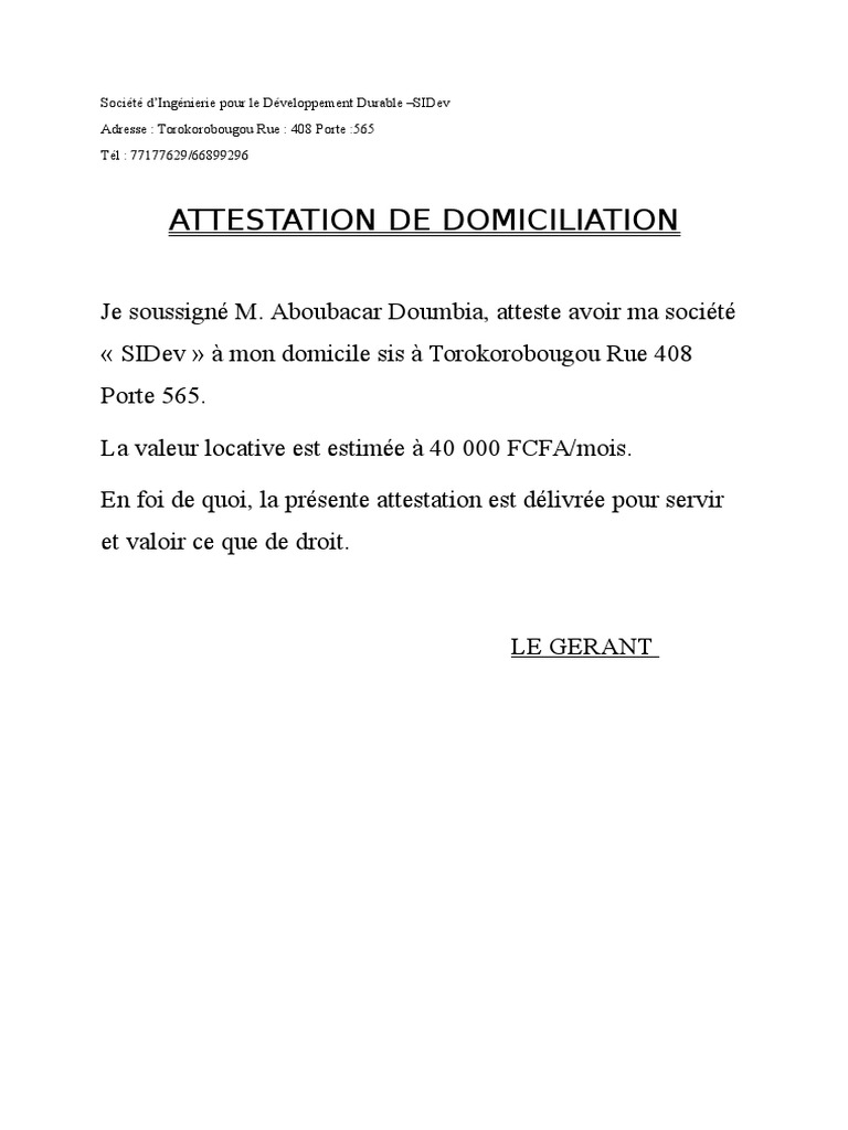 Attestation de Domiciliation SIDev | PDF