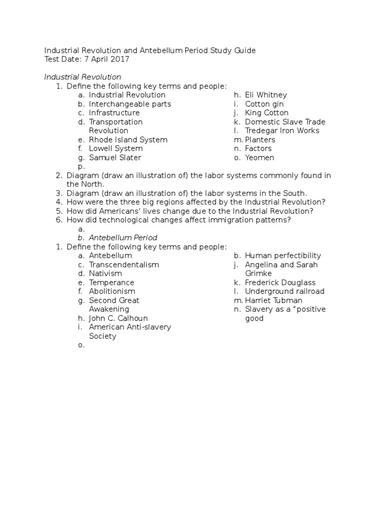 Industrial Revolution and Antebellum Period Study Guide | PDF