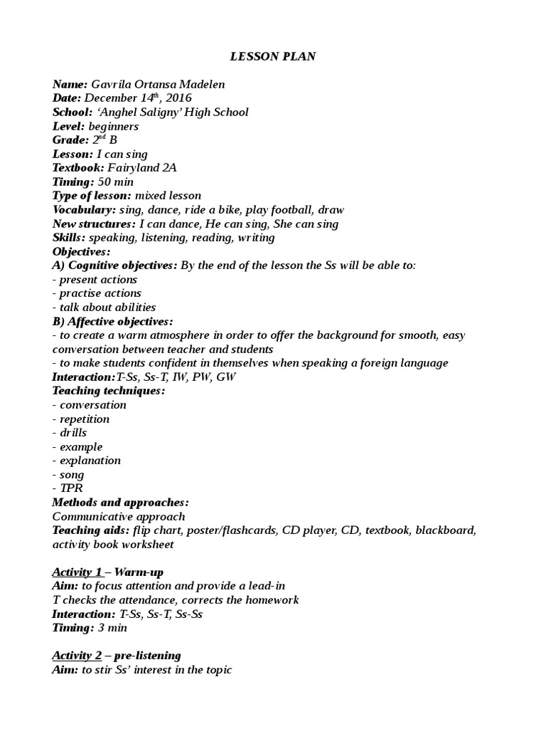 I Can Sing - Lesson Plan | PDF | Lesson Plan | Applied Psychology