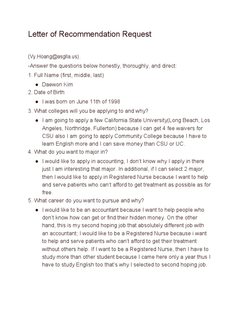 Letter of Recommendation Request Form | PDF