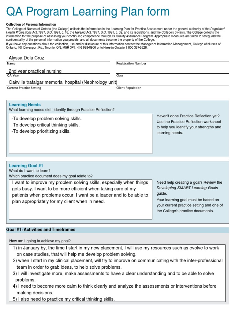 Qa Learning Plan For Clinical | PDF | Nursing | Goal