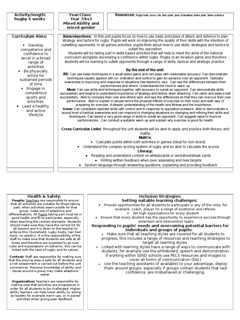 Rugby Scheme of Work | PDF | Rugby Union | Educational Assessment