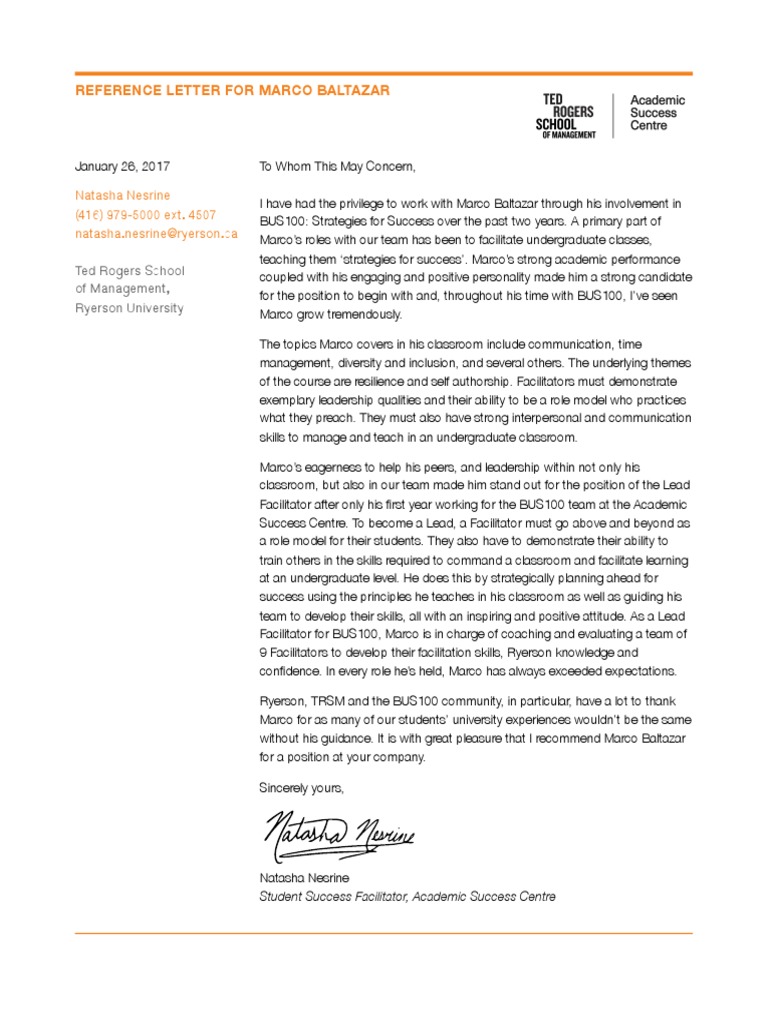 Marco Baltazar - Reference Letter From Bus 100 Supervisor | PDF ...