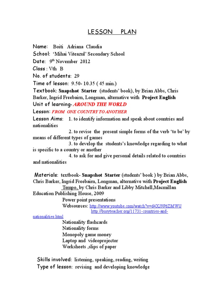 Lesson Plan for Countries and Nationalities | PDF | Lesson Plan ...