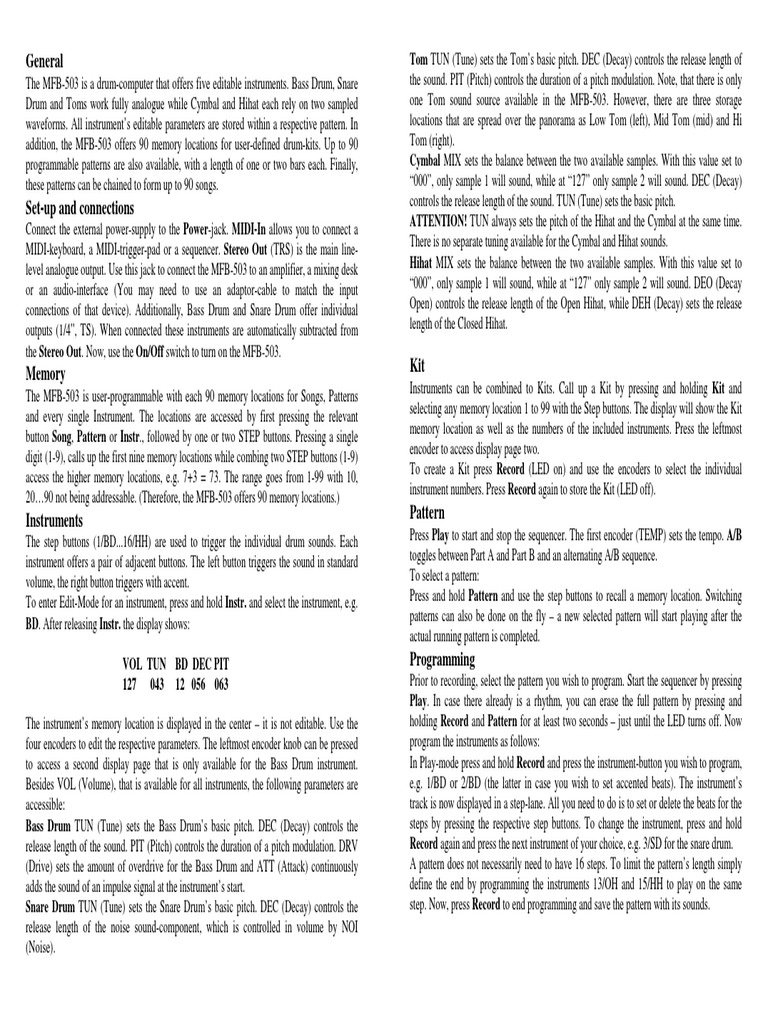 Operating Manual For The Mfb 503 Drum Computer A Comprehensive Guide To The Features Functions