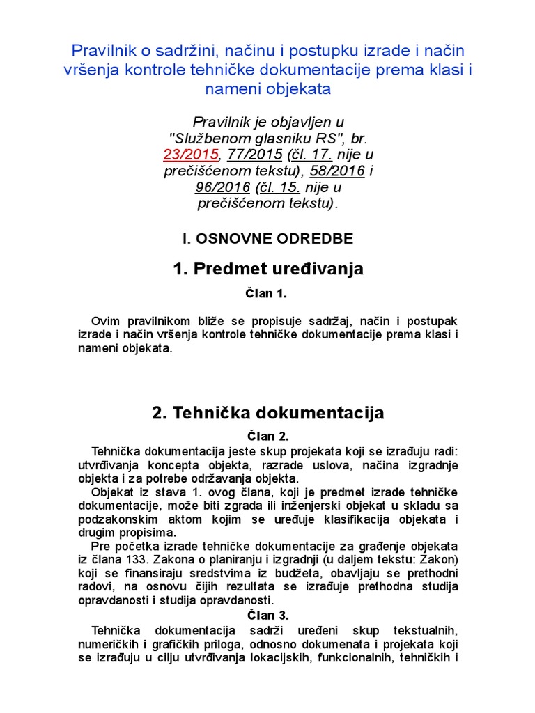 Pravilnik o Sadržini, Načinu I Postupku Izrade I Način Vršenja Kontrole Tehničke Dokumentacije ...