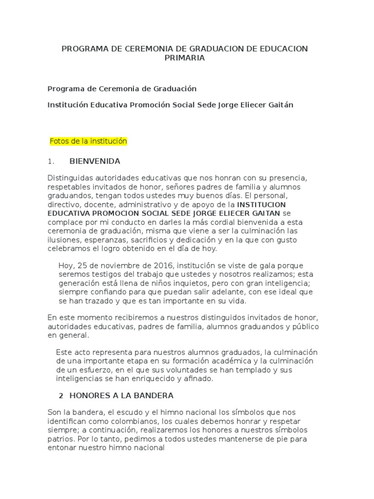 Programa de Ceremonia de Graduacion de Educacion Primaria | PDF | Institución