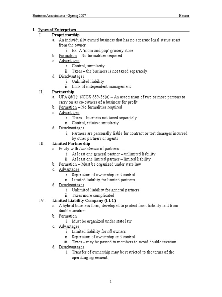 Business Associations Outline | PDF | Law Of Agency | Partnership