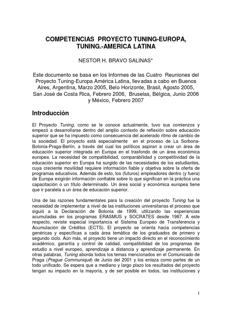 Competencias Proyecto Tuning Europa Tuning America Latina Nestor H