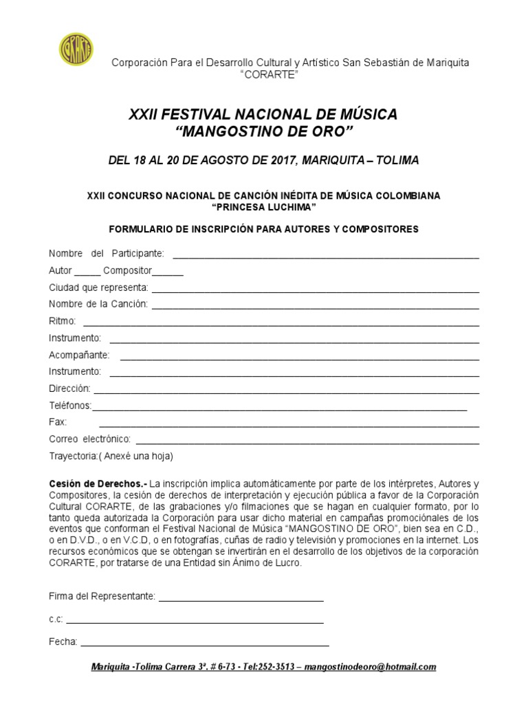 Formulario de Inscripción Canción Inédita_Mangostino de Oro | PDF