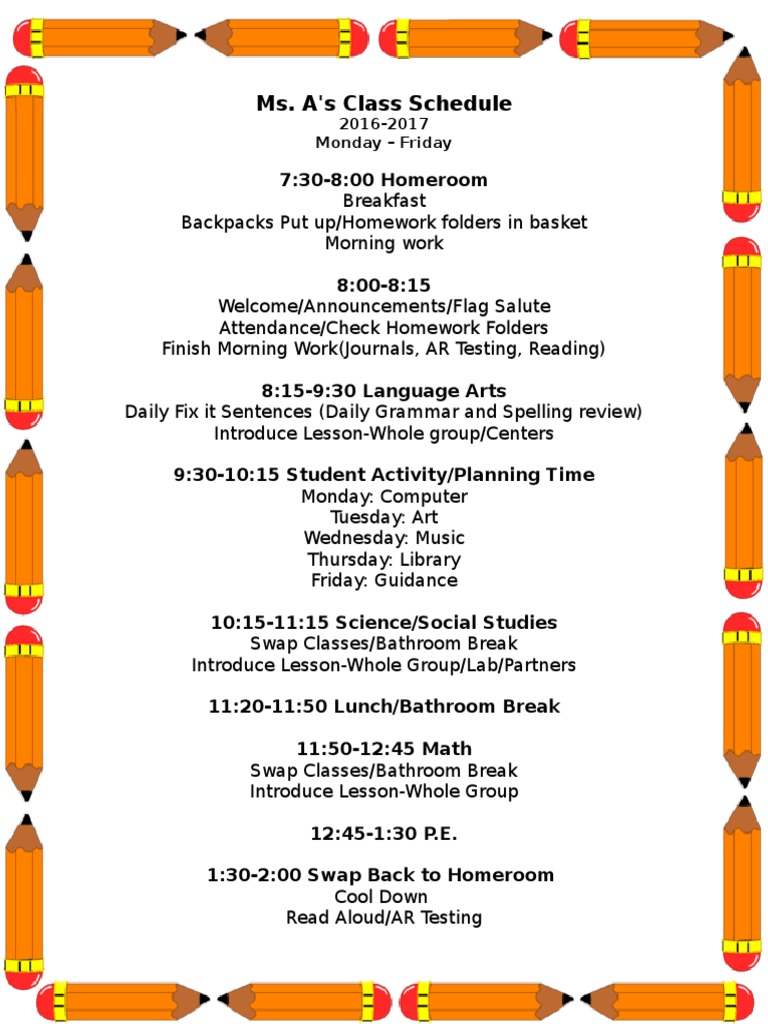 Classroom Schedule Agenda | PDF | Wellness