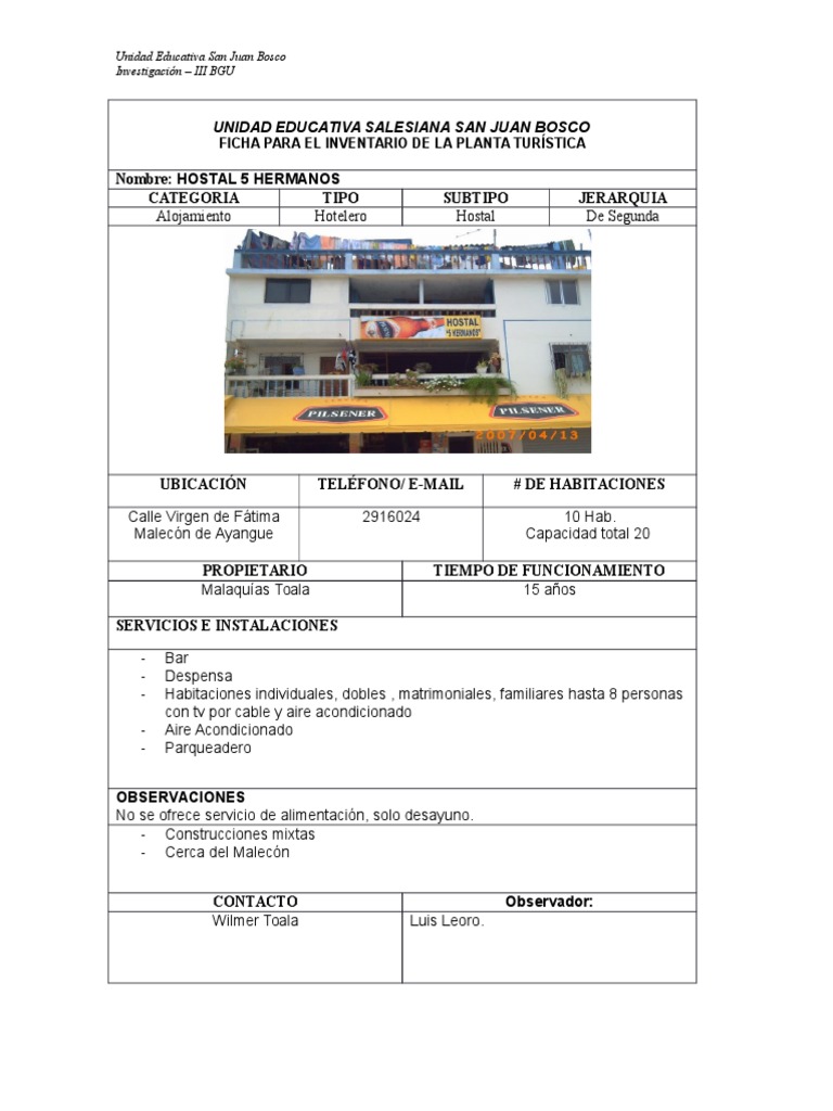 Ejemplo Ficha Planta Turística | Industrias | Hotel y Alojamiento