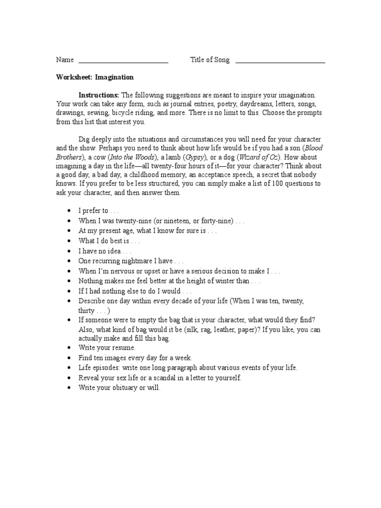 Worksheet: Imagination Instructions: The Following Suggestions Are ...