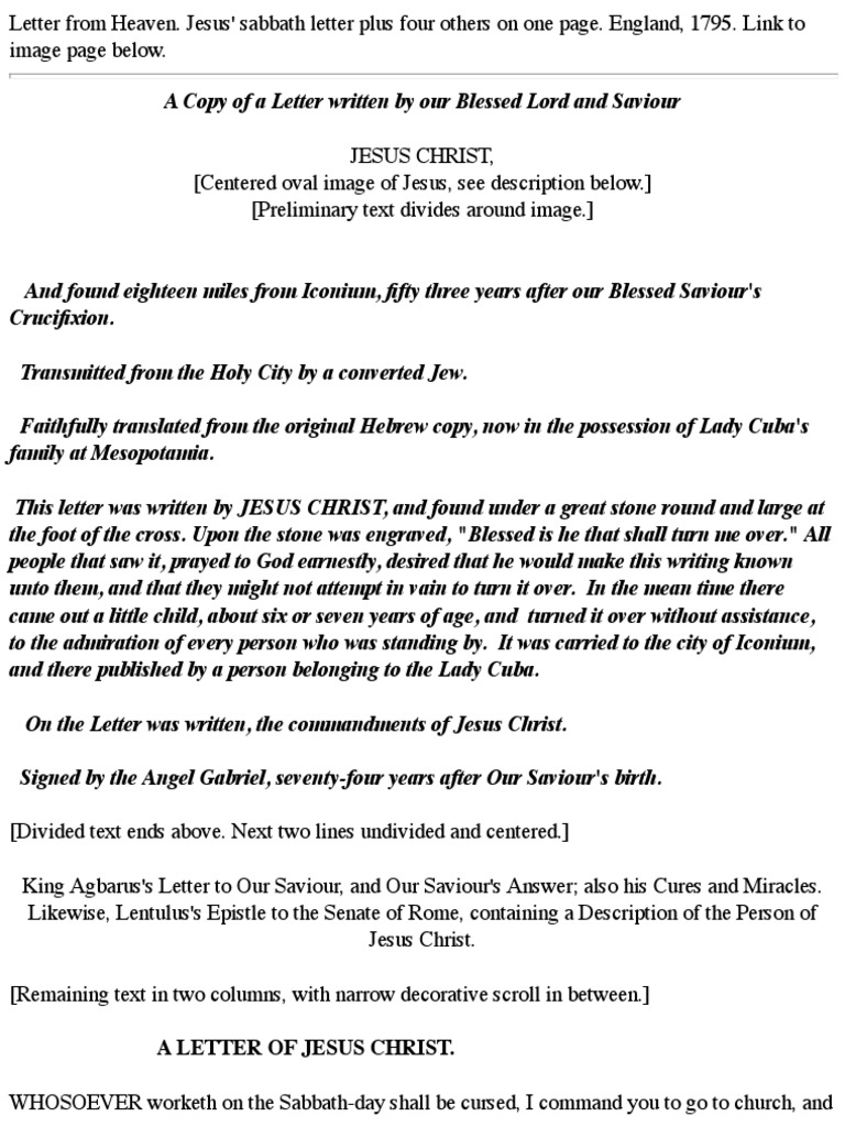 Letter From Heaven Jesus Christ Chain Letter England, 1795 | PDF ...