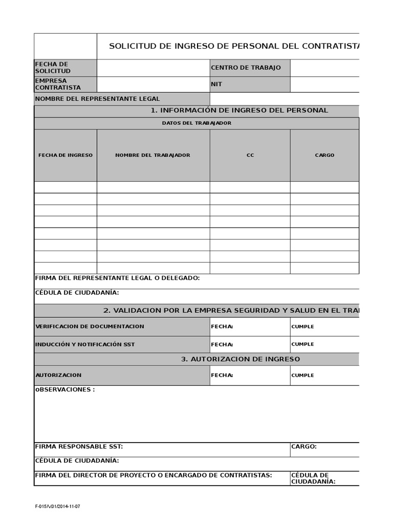 Solicitud de Ingreso de Personal Contratista | PDF