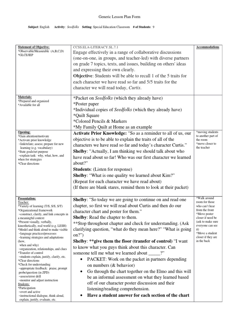 Generic Lesson Plan Form: Ccss - Ela Literacy - Sl.7.1 | PDF | Lesson ...