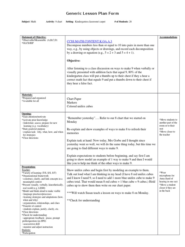 Generic Lesson Plan Form: Ccss - Math.Content.K.Oa.A.3 | PDF | Lesson ...