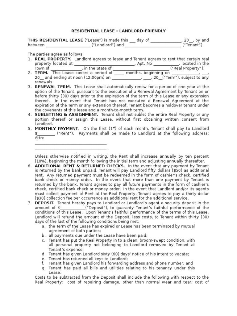 Residential Lease Landlord Friendly | PDF | Lease | Leasehold Estate
