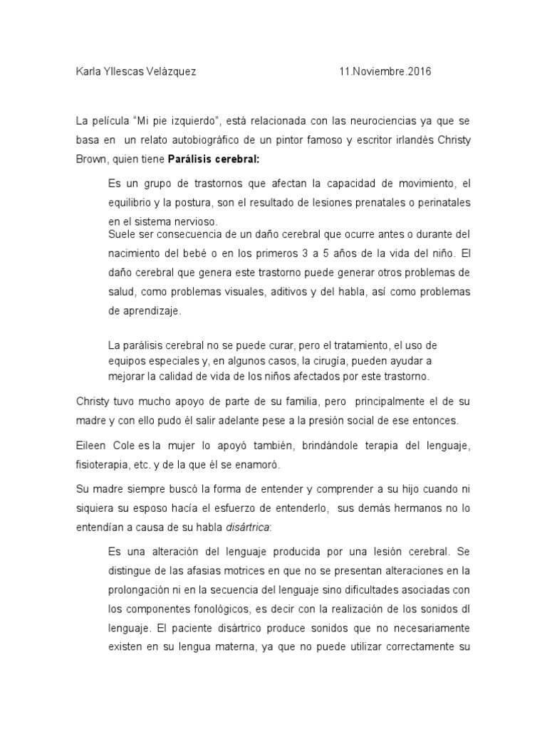 Mi Pie Izquierdo, Reporte de Lect Pelicula | PDF | Parálisis cerebral | Cerebro