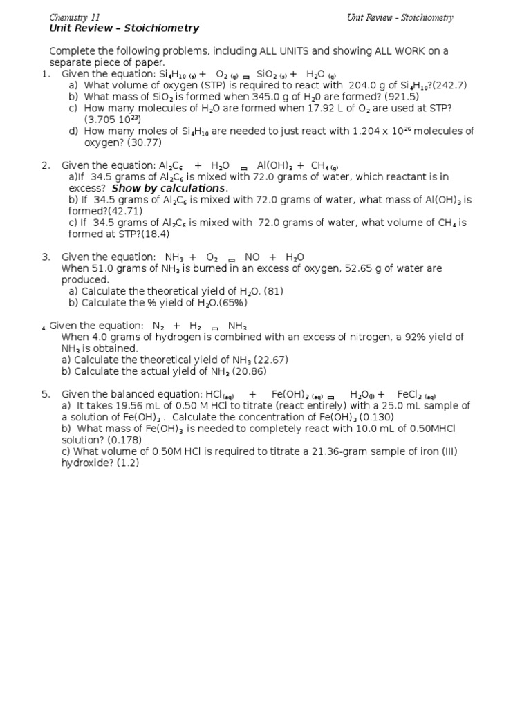 Review - Stoichiometry Worksheet | PDF