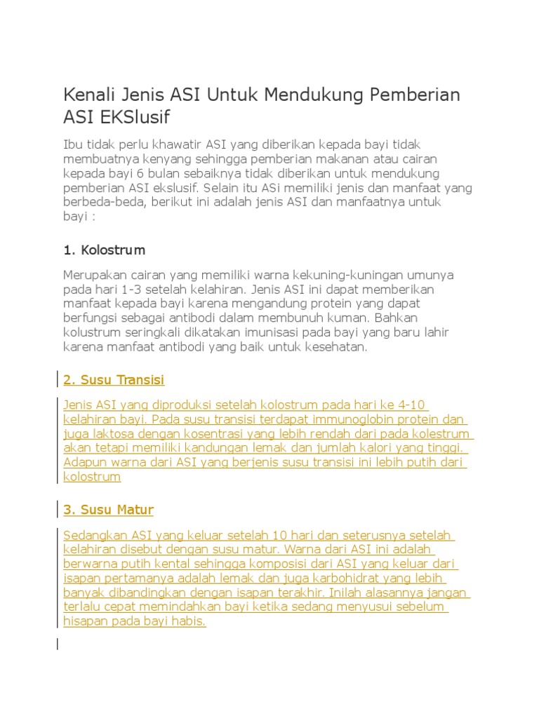 Kenali Jenis ASI Untuk Mendukung Pemberian ASI EKSlusif | PDF