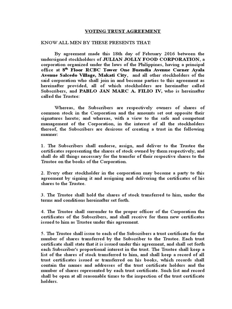 Voting Trust Agreement Edited | PDF | Trust Law | Trustee