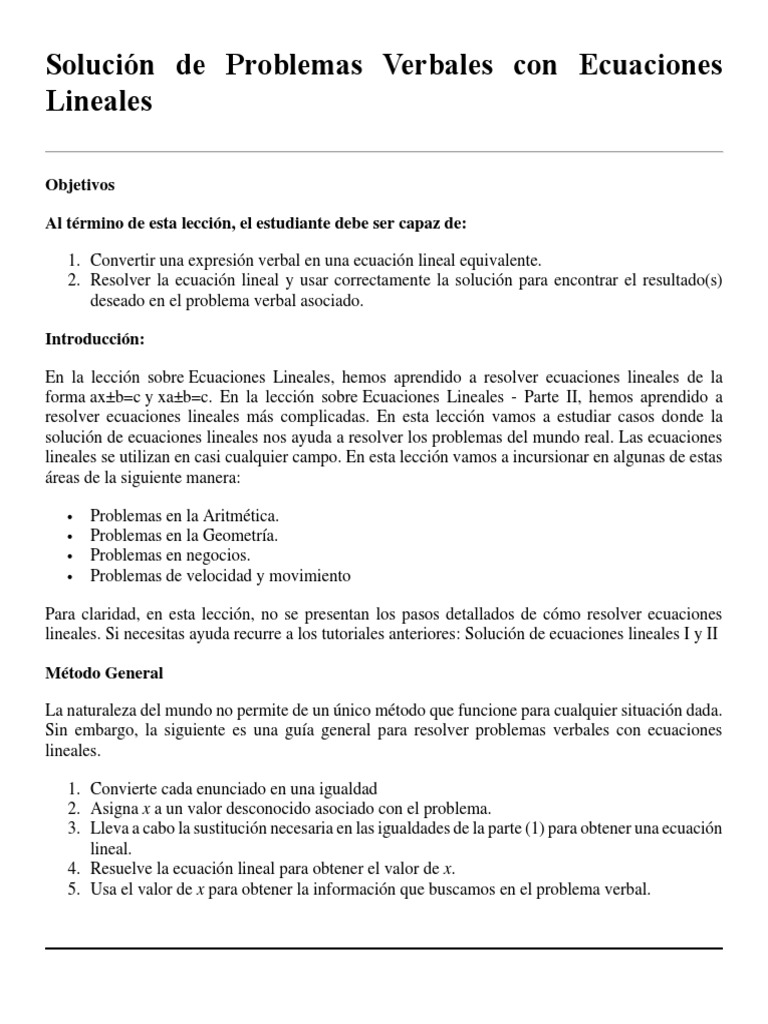 Solución de Problemas Verbales Con Ecuaciones Lineales | PDF ...