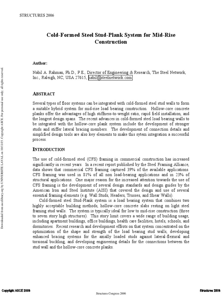 Cold-Formed Steel Stud-Plank System For Mid-Rise | PDF | Framing ...