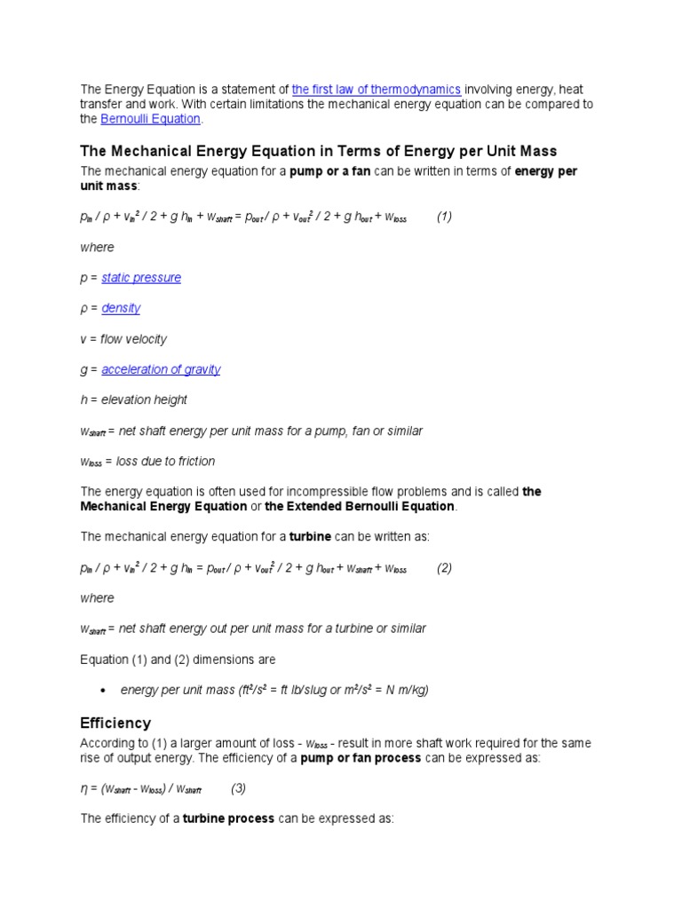 The Mechanical Energy Equation in Terms of Energy Per Unit Mass | PDF