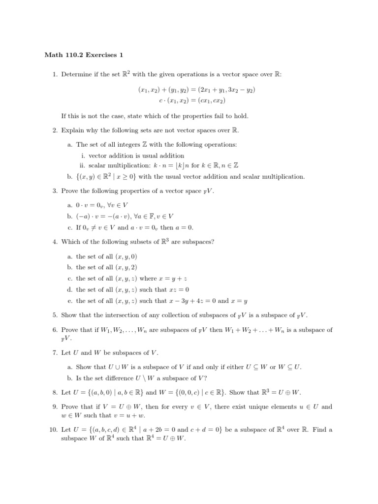 Vector Spaces & Subspaces Exercises | PDF