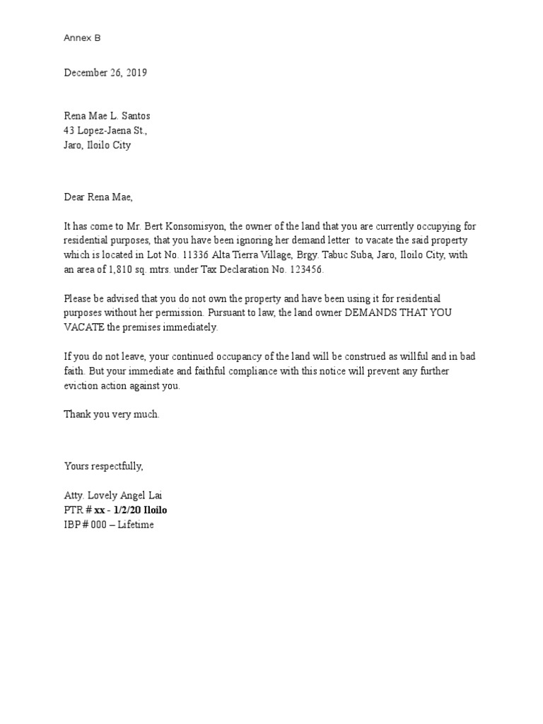 Demand Letter by A Lawyer To Vacate Property | PDF