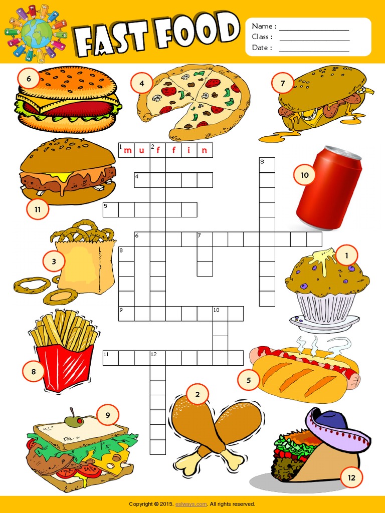 Fast Food Esl Vocabulary Crossword Puzzle Worksheet For Kids | PDF