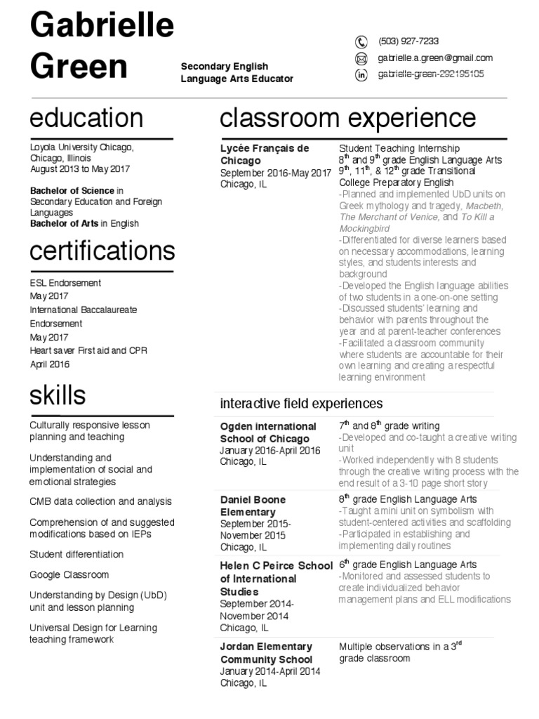 Gabrielle Green Resume New | PDF | English As A Second Or Foreign ...