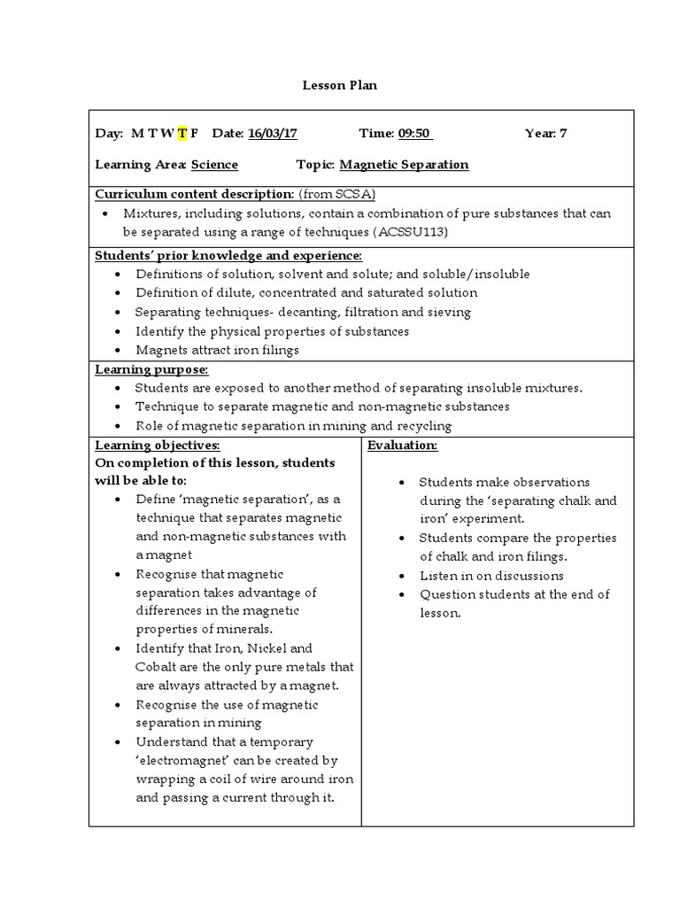 Magnetic Separation Lesson Plan for Grade 6 | PDF | Magnetism | Solubility