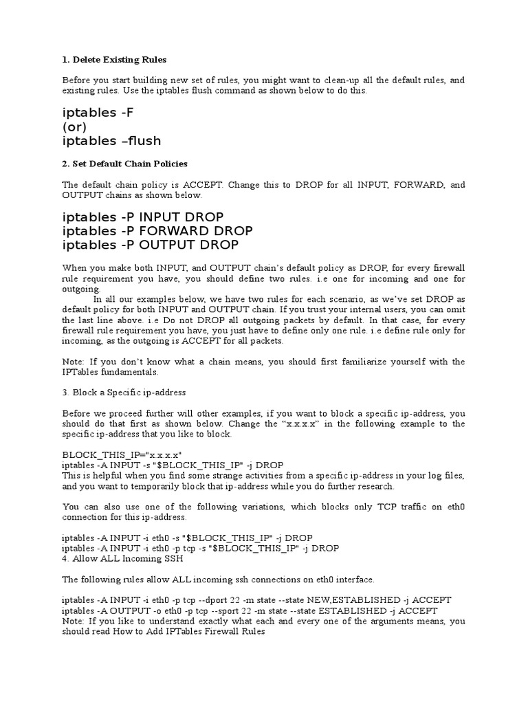 Iptables - F (Or) Iptables - Flush: 1. Delete Existing Rules | PDF | Port (Computer Networking ...