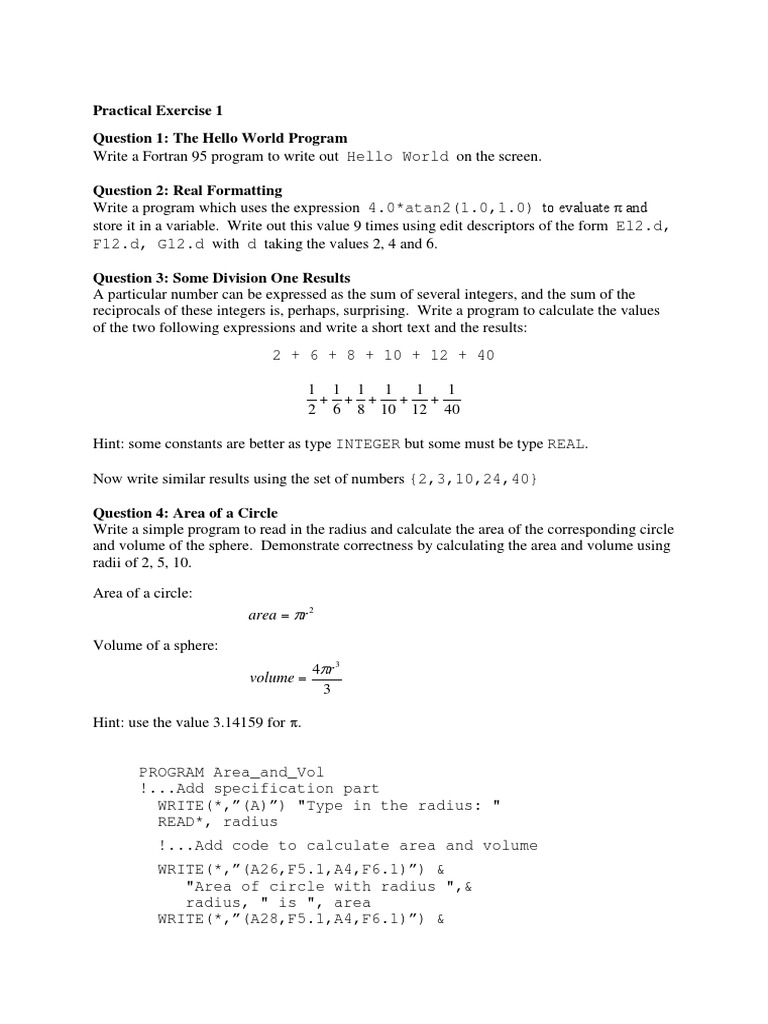 Fortran 95 Practical Exercises | PDF | Subroutine | Matrix (Mathematics) Fortran 95 Practical Exercises | PDF | Subroutine | Matrix (Mathematics)