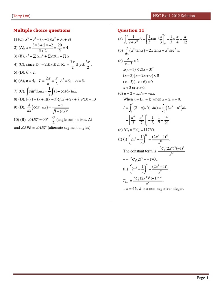 Maths Ext 1 2012 Terry Lee's Solutions | PDF | Perpendicular ...