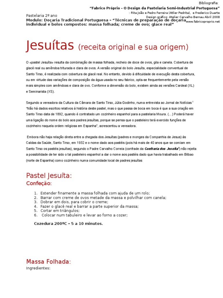 A história e receita tradicional do Pastel Jesuíta de Santo Tirso | PDF ...