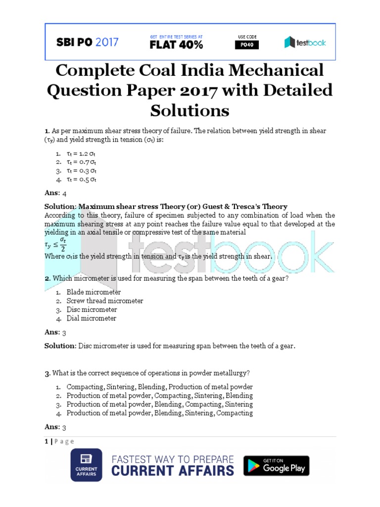 Coal India Mechanical Exam 2017 Paper | PDF | Yield (Engineering) | Welding