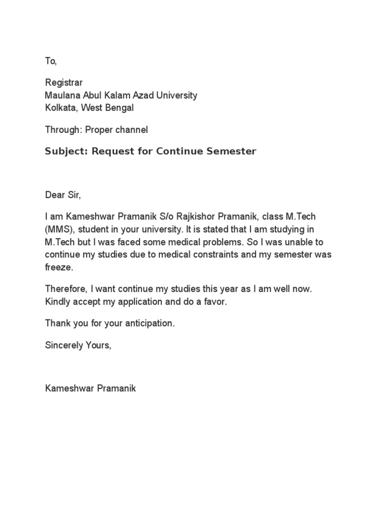 Application To University For Continue Semester | PDF