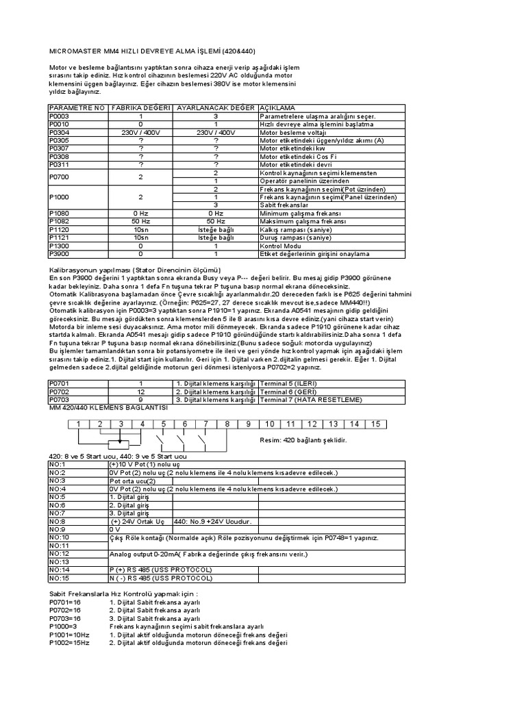 MM420 MM440 Hizli Devreye Alma Parametreleri | PDF