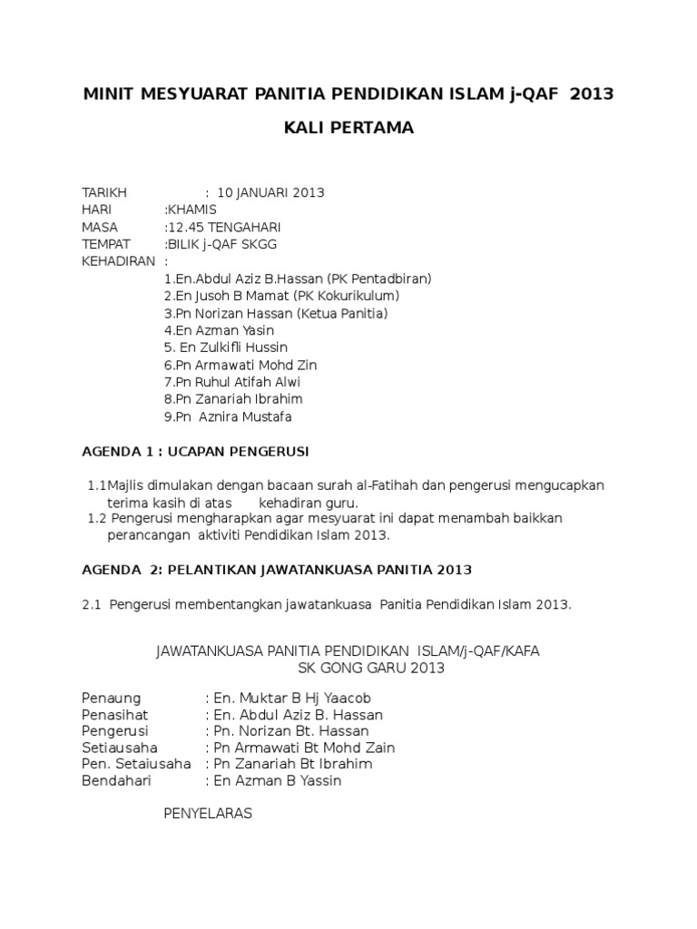 Minit Mesyuarat Panitia Pendidikan Islam J | PDF