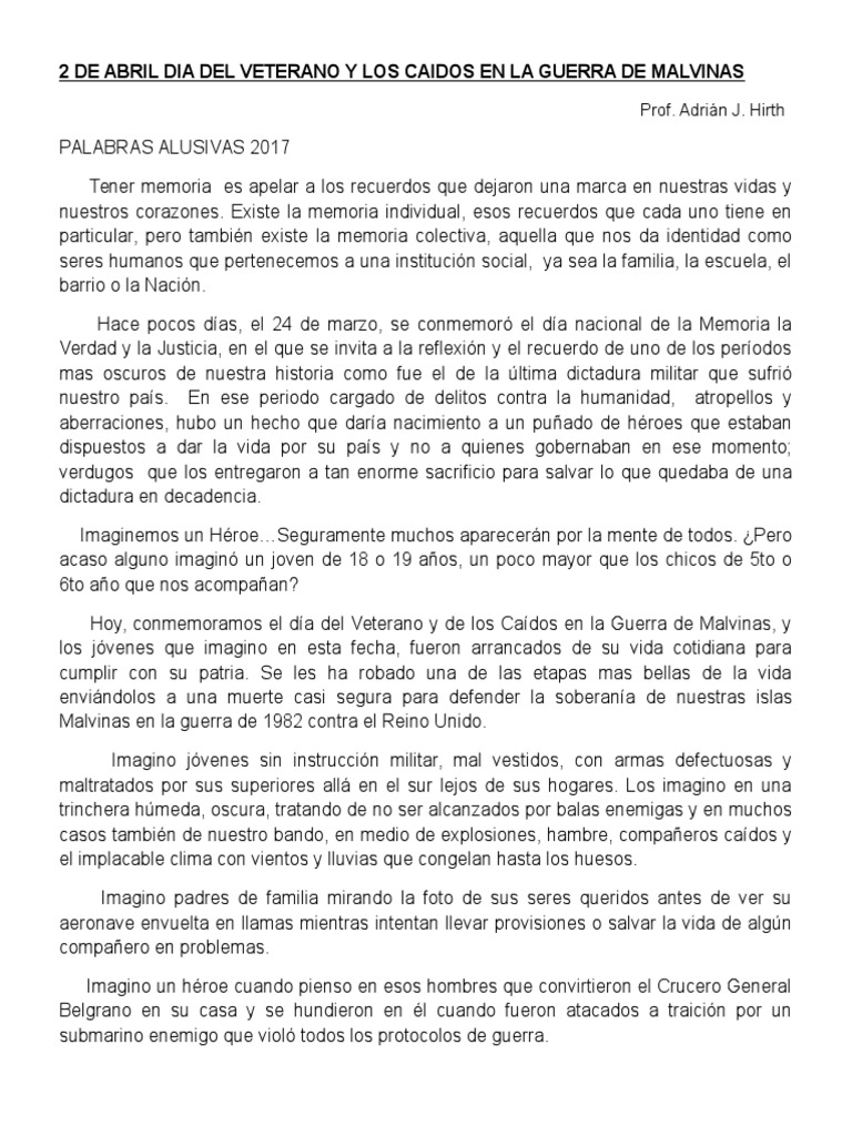 Acto 2 de Abril Día Del Veterano y Los Caídos en La Guerra de Malvinas ...