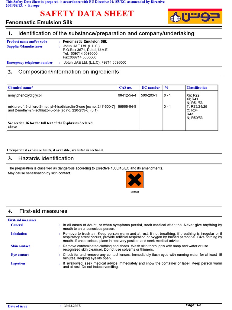 Fenomastic Emulsion Silk Safety Data Sheet | PDF | Personal Protective ...